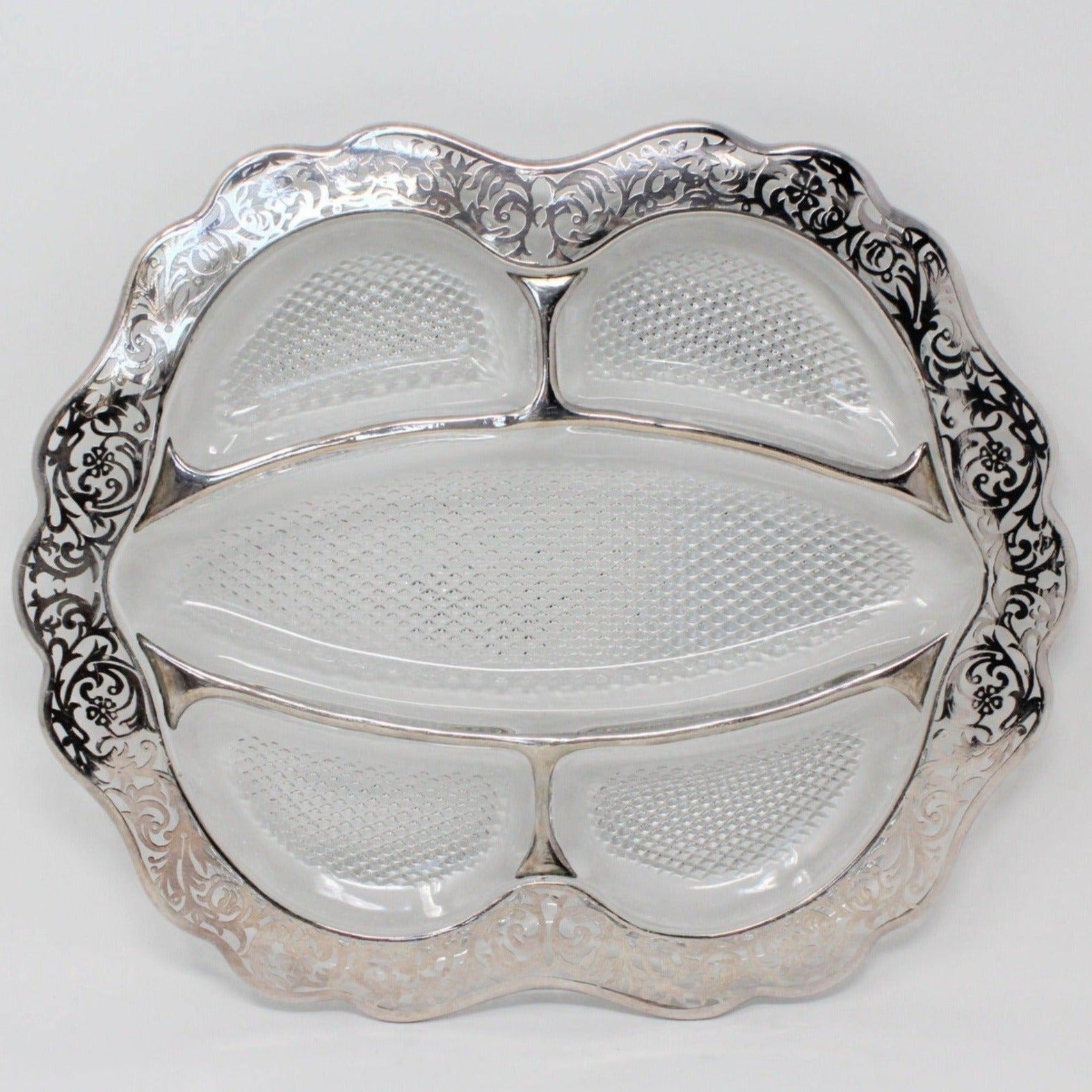 Divided Relish Tray, Cambridge Glass, Silver Overlay Filigree, Vintage ...