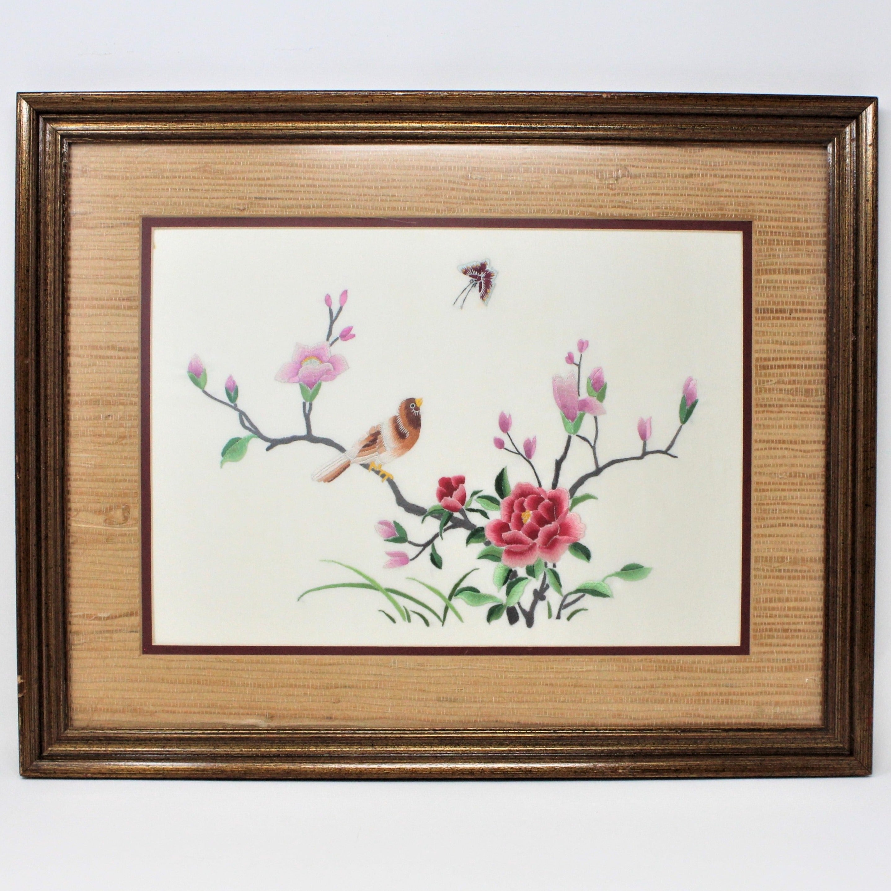 Needlework, Oriental Silk Embroidery, Bird & Floral, Framed, Vintage ...